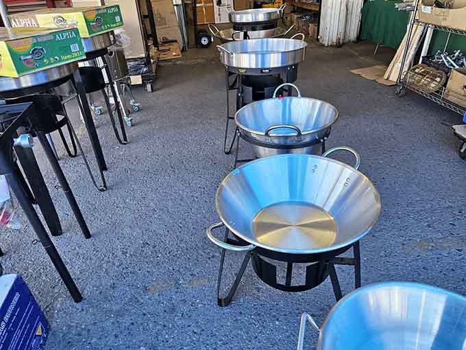 Propane burner stands and massive cooking pans, perfect for backyard carne asada parties that feed the entire neighborhood.