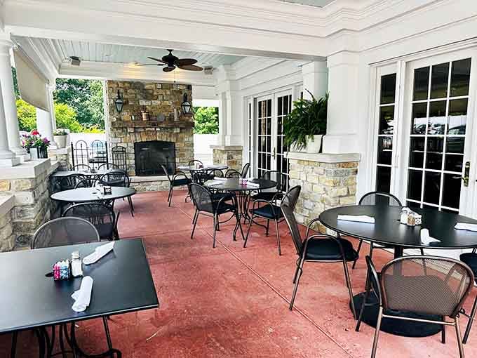 The outdoor patio with its stone fireplace offers the perfect spot for dining under Kentucky's beautiful skies.