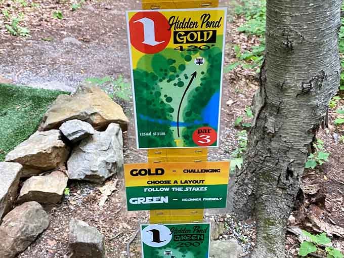 Hole 1's sign offers helpful guidance about course difficulty, though the trees will provide their own commentary.