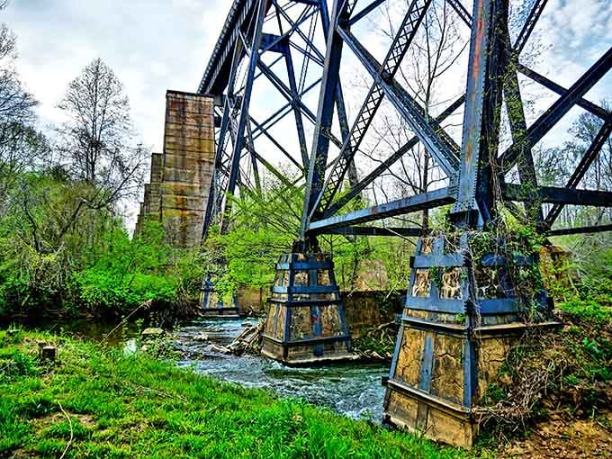 From below, the bridge's steel framework looks like industrial art, proving that function and beauty aren't mutually exclusive after all.