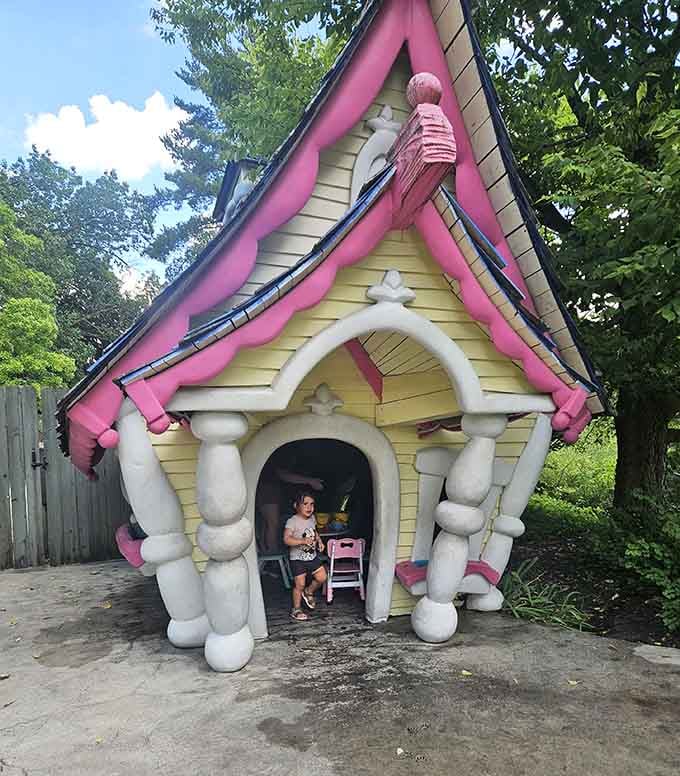 This whimsical playhouse looks like it melted slightly in the sun, creating curves and swoops that Dr. Seuss would absolutely approve of.