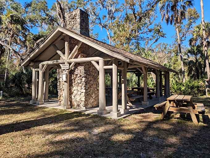 This rustic stone pavilion with its massive chimney looks like something the Three Little Pigs would build today.