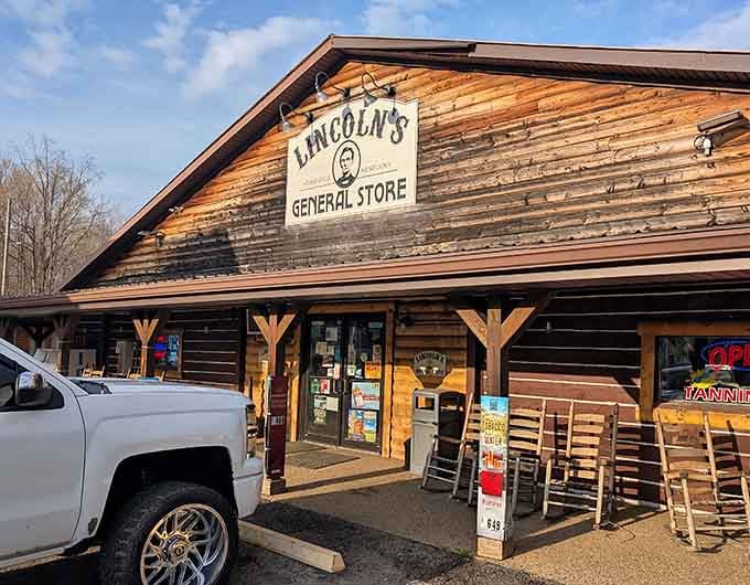 Lincoln's General Store delivers rustic frontier charm with those weathered logs and rocking chairs practically begging you to sit a spell.