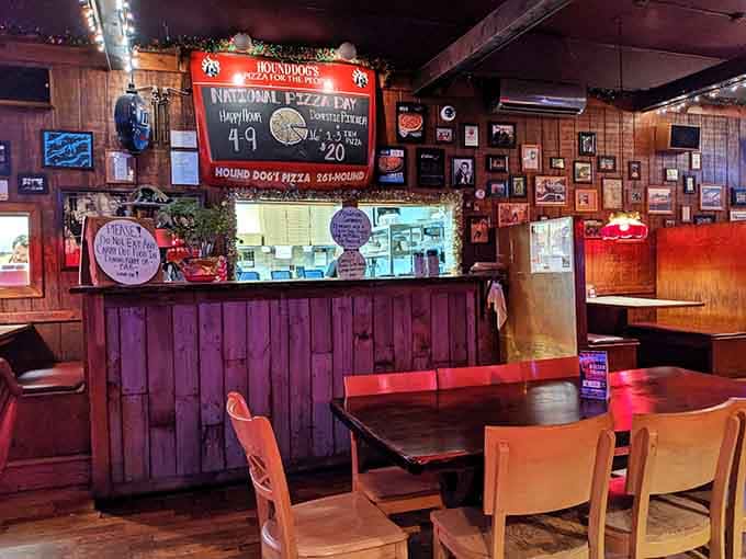 The order counter stands ready, decorated with signs and memorabilia that tell stories while you wait for your pie.