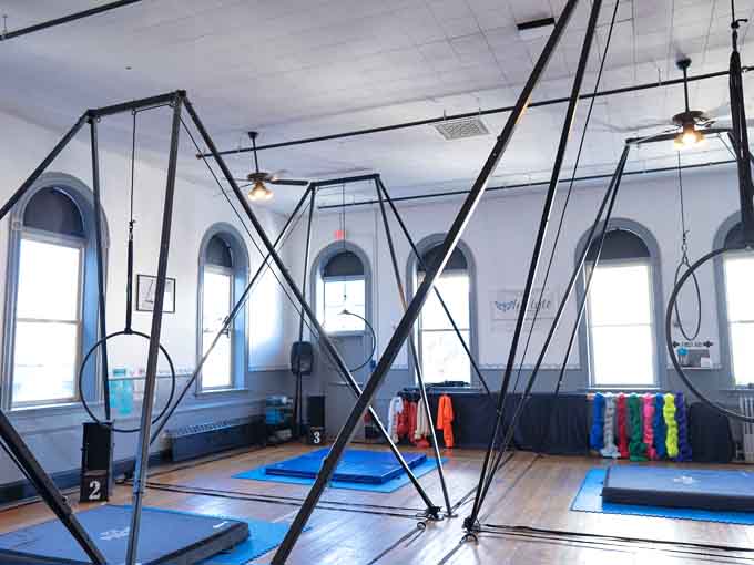 Aerial fitness equipment that looks equal parts intimidating and oddly inviting for the adventurous.