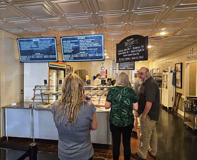 The cafeteria line lets you see every delicious option before committing, which is both helpful and dangerously tempting.