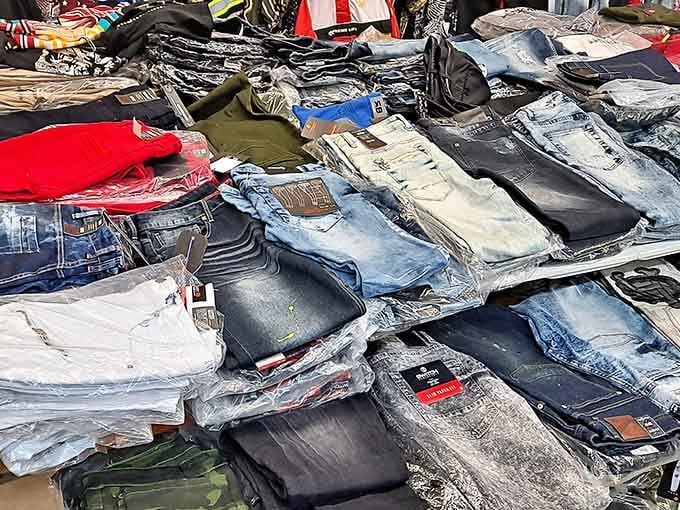 Denim in every wash and style fills the tables, because everyone needs good jeans at reasonable prices.