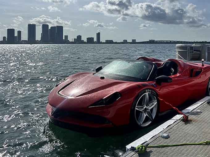 Docked and ready, this burgundy beauty waits patiently to blow someone's mind across Biscayne Bay's sparkling waters today.