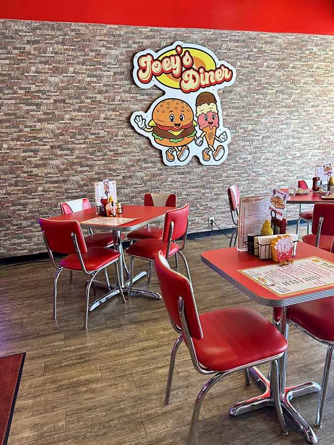 Cheerful tables and that adorable logo remind you that eating here is supposed to be fun, not fancy.