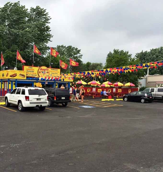 When a hot dog stand needs this many outdoor tables and colorful umbrellas, you know the locals have spoken with their appetites.