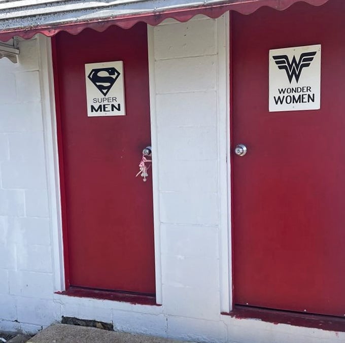 Even the restrooms have personality here, with superhero signs that add whimsy to the most mundane pit stop.