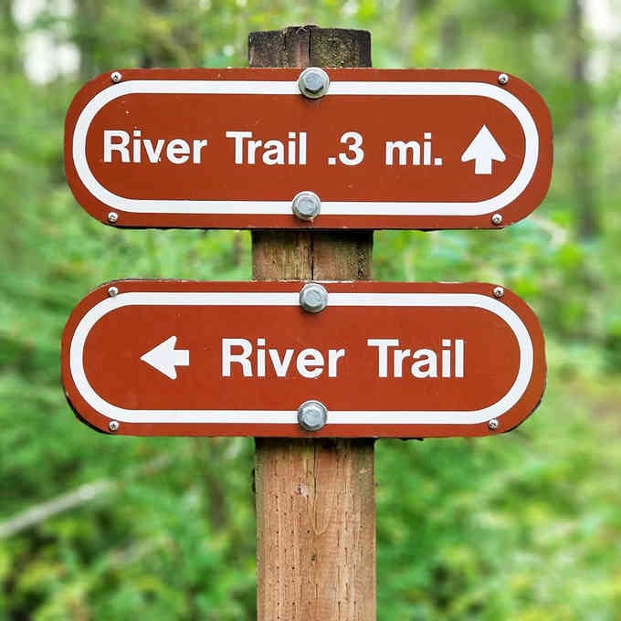 Trail markers pointing the way, because getting lost in the woods isn't nearly as romantic as movies suggest.