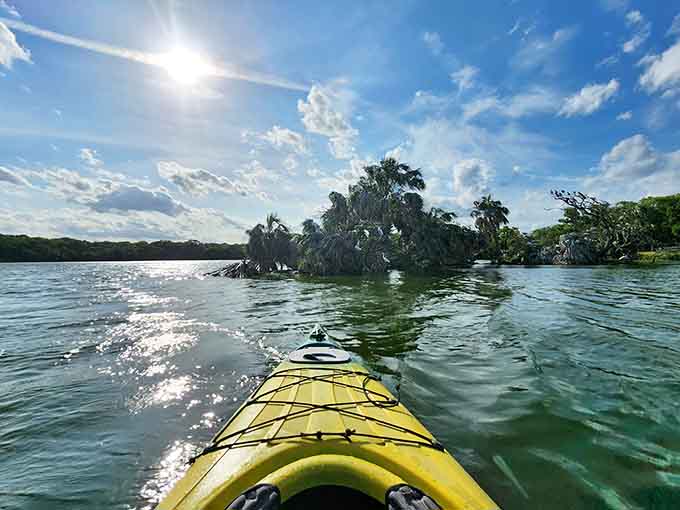 Kayaking through mirror-calm waters where tiny islands pop up like nature's own obstacle course for paddlers.