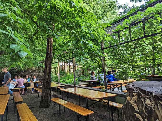 Long communal tables under the trees turn strangers into friends and meals into memorable experiences worth repeating.