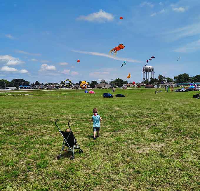Kites filling a Missouri sky above an open green field. Simple, joyful, and completely hard to beat.