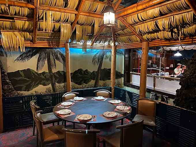 Thatched-roof huts create intimate dining nooks that transport you somewhere far more exotic than Exit 43.