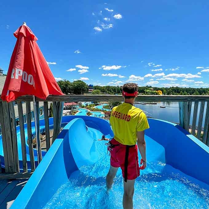 Lifeguards keep watch over the water attractions, ensuring everyone's summer fun stays safe and splash-filled all day.