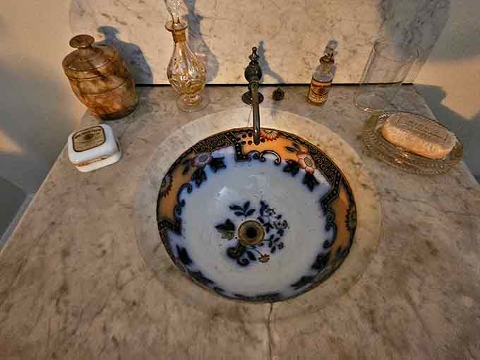 This hand-painted porcelain sink with its delicate floral pattern makes today's builder-grade bathroom fixtures look downright boring and utilitarian.