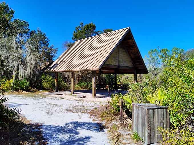 Simple covered pavilions offer shade without blocking the view, which is basically architectural genius in action.