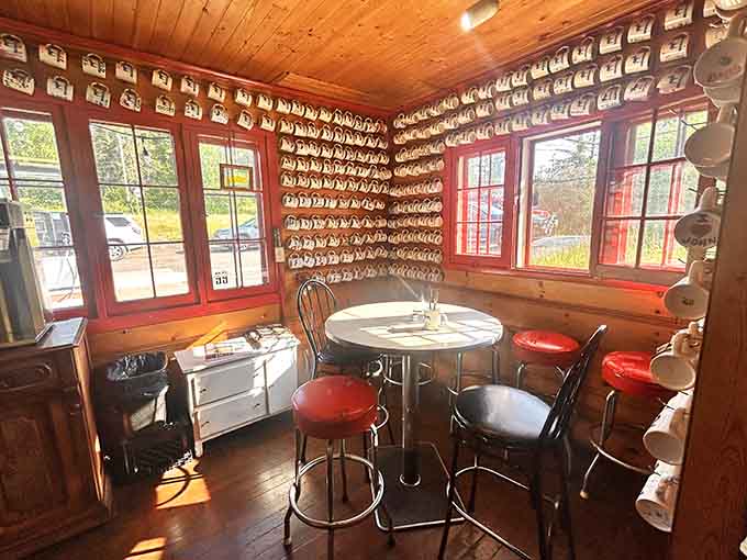 Another cozy corner where coffee mugs line the walls like trophies, because breakfast here is absolutely worth celebrating.