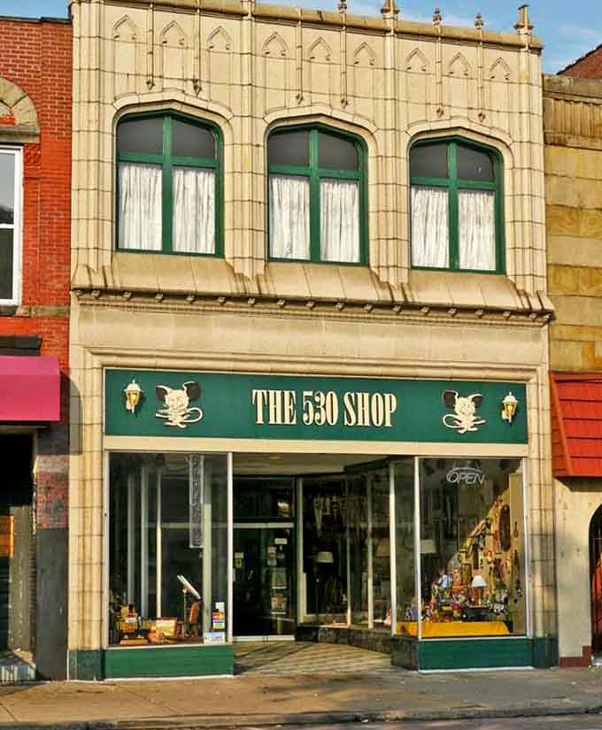 The 530 Shop's vintage storefront showcases the kind of architectural detail that modern strip malls forgot existed.