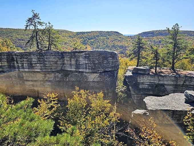 Smooth rock ledges offering front-row seats to the Hudson Valley's greatest show, no ticket booth in sight.