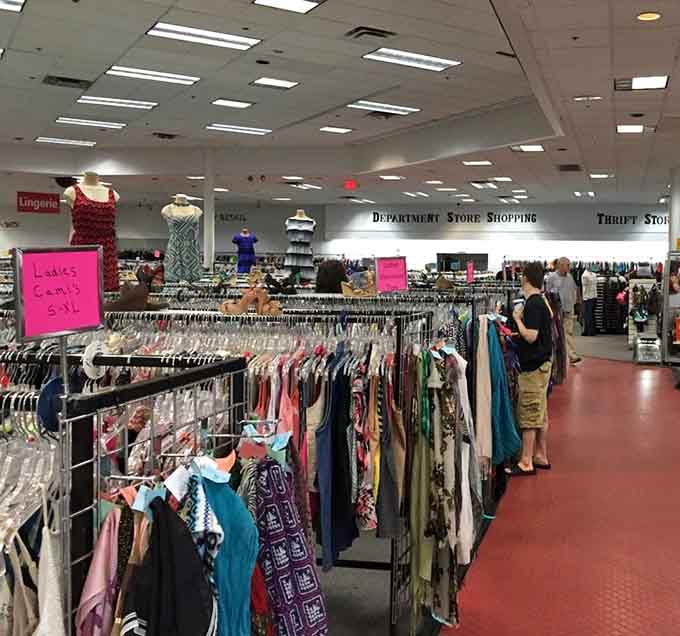 Women's clothing racks that go on forever, making every shopping trip feel like an actual adventure.