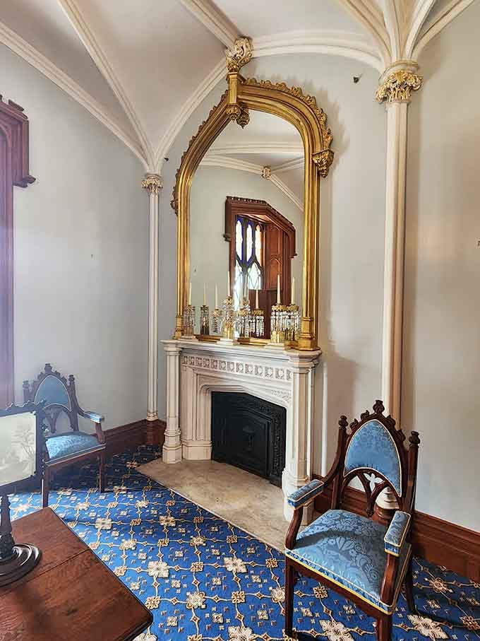 Even the fireplaces got the Gothic treatment, complete with ornate mirrors that reflect centuries of elegant gatherings and gossip.