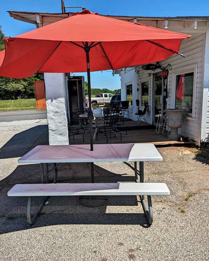 Picnic tables under bright umbrellas turn a simple meal into a South Carolina afternoon you'll want to repeat.