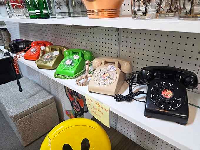 Rotary phones in rainbow colors remind us when calling someone actually required patience and a working index finger.