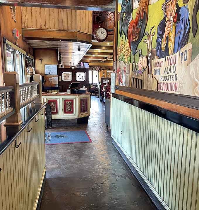 The entryway sets the tone with playful rooster artwork and promises of the feast ahead.
