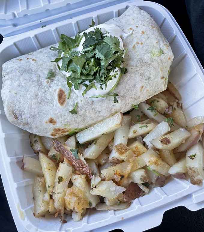 A breakfast burrito wrapped tight with golden potatoes on the side, proving portable food can still be absolutely glorious.