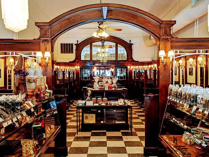 Classic confectionary elegance where the craftsmanship is as impressive as the candy selection inside those cases.