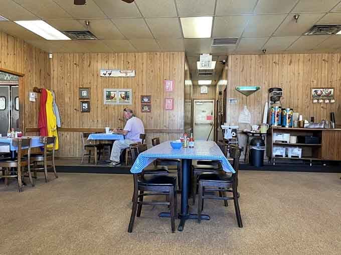 The dining room awaits your arrival. Those checkered tablecloths are calling your name right now.