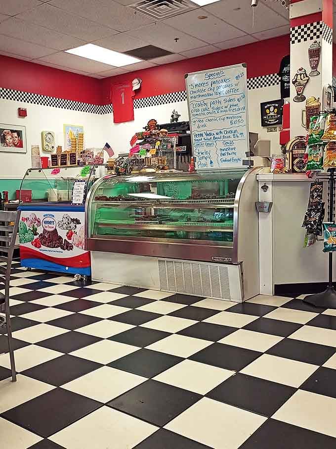 The counter area gleams with vintage charm, where desserts and memories are made in equal measure.