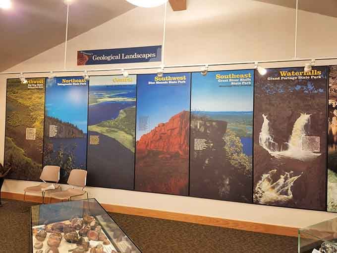 Colorful landscape panels showcase Minnesota's geological diversity, from waterfalls to red cliffs worthy of any postcard collection.