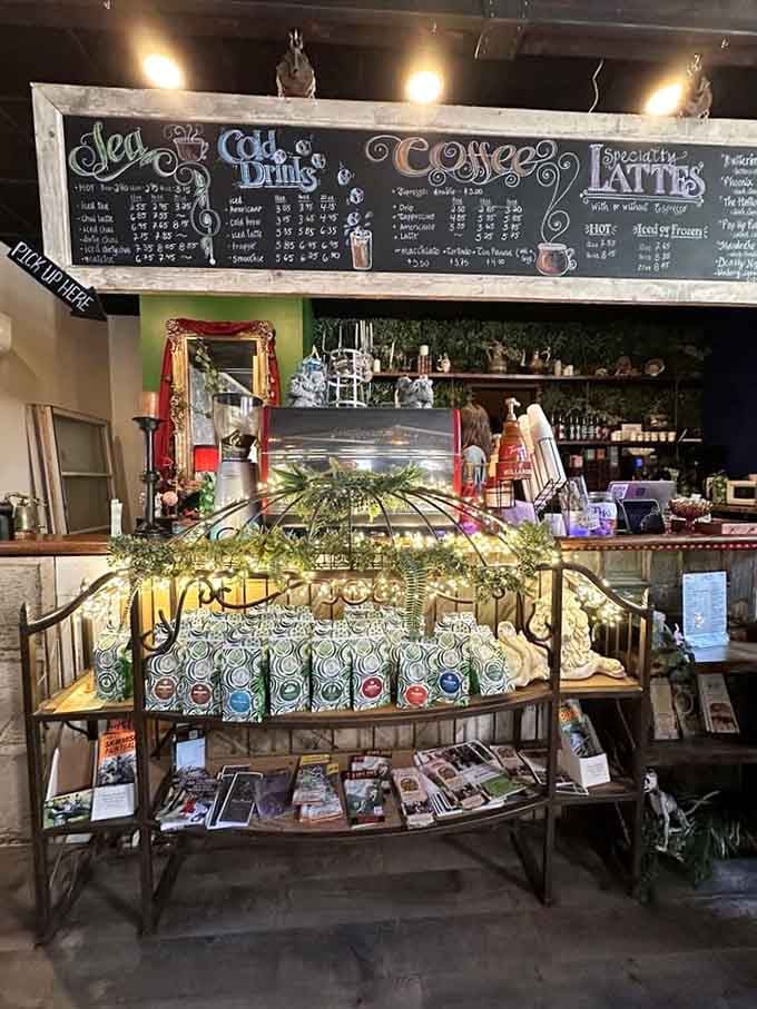 The service counter displays house-themed mugs and treats, making ordering your coffee an adventure in itself every time.