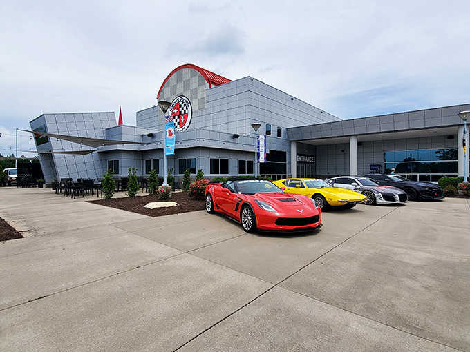 Real Corvettes parked outside like candy in a shop window, tempting visitors before they even reach the entrance.
