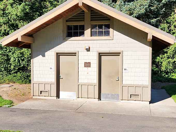 These restrooms feature that classic park architecture that says "we're functional and we're not apologizing for our practical design."