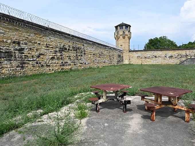 Picnic tables in the prison yard offer modern visitors a surreal lunch spot with views that inmates never enjoyed quite freely.