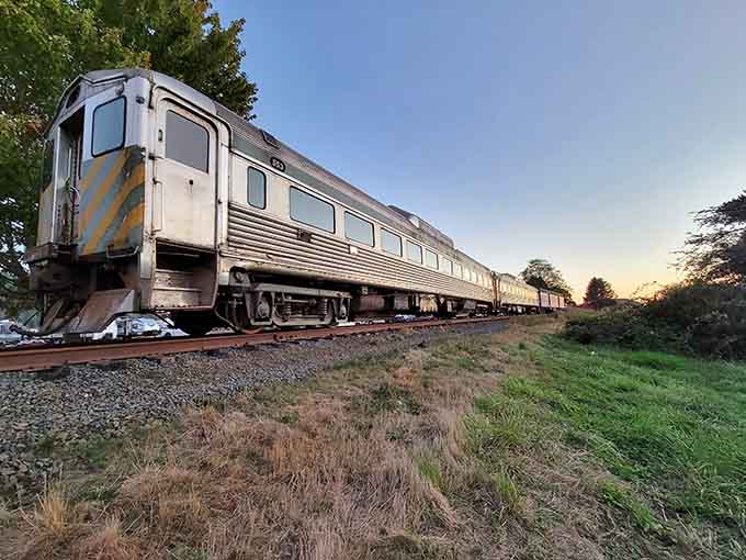 Vintage Budd Rail Diesel cars rest peacefully at sunset, their streamlined design still elegant after all these decades.