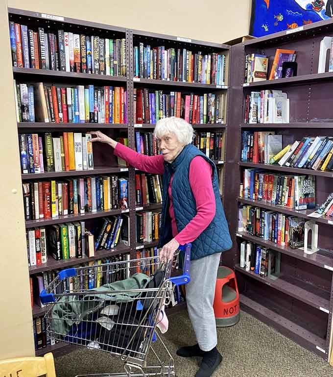 A book lover's paradise where hardcovers and paperbacks line the shelves, offering literary adventures at bargain basement prices that librarians would envy.
