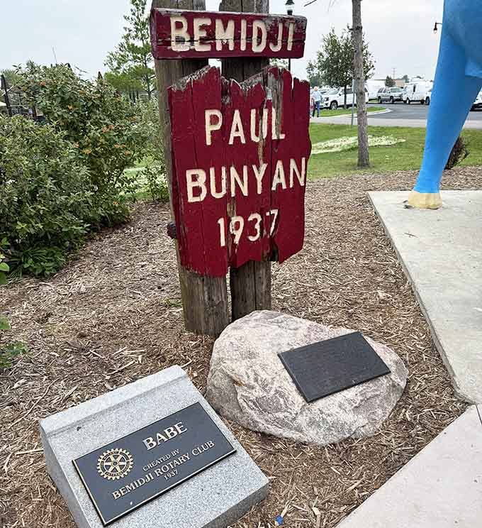 The historical marker commemorates 1937, when someone brilliantly decided Bemidji needed a giant blue ox companion.