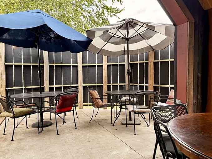 Outdoor patio seating with umbrellas offers al fresco dining when Indiana weather cooperates with your plans.