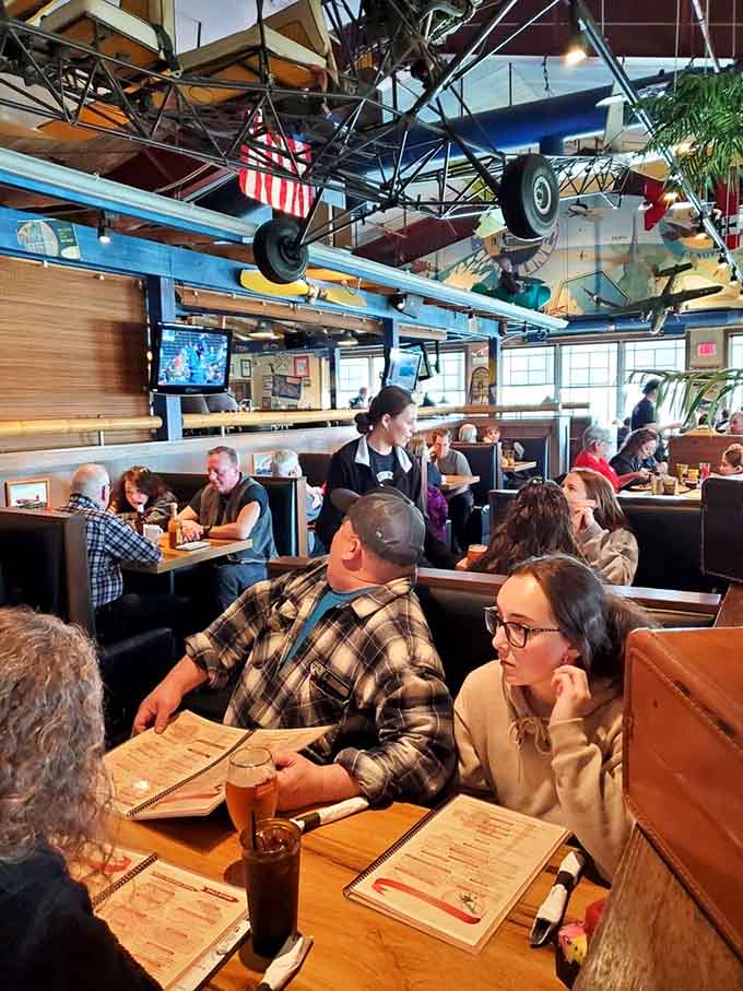 Dining under a fleet of suspended aircraft while actual humans enjoy actual meals&mdash;only at Pilot Pete's does this make sense.