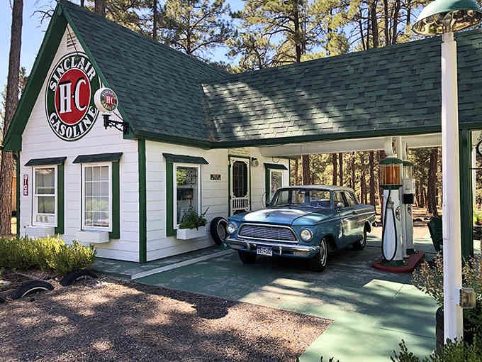 A perfectly recreated vintage gas station where you half expect an attendant to check your oil cheerfully.