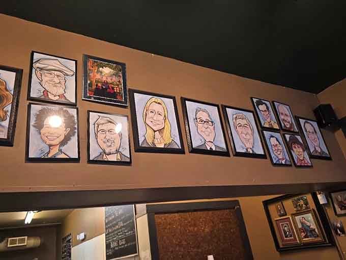 Those caricatures on the wall smile down like a deli hall of fame, celebrating loyal customers and community.