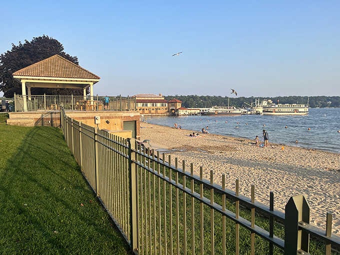 The pavilion and sandy beach team up to create your ideal summer headquarters for the day.