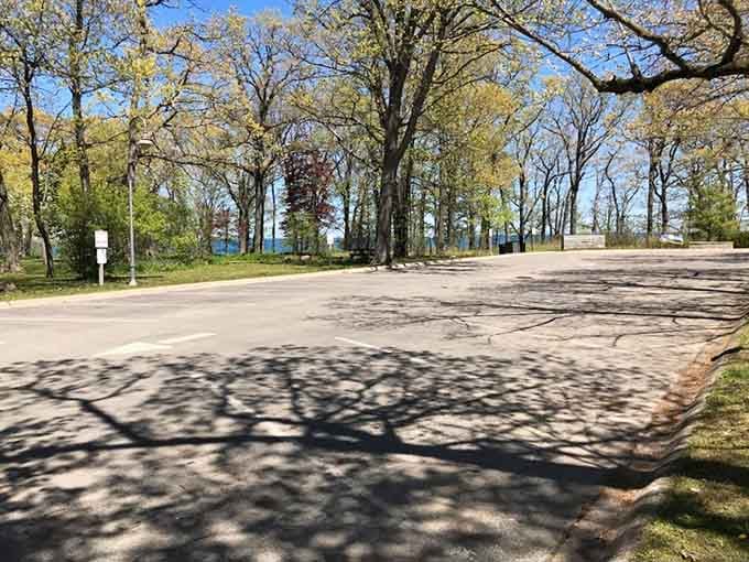 Tree-lined parking area providing actual shade, which your car's interior will thank you for on scorching summer days.