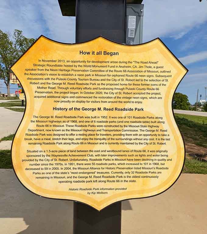 A historical marker tells the story of how this remarkable park came to be, preserving Missouri's neon heritage.